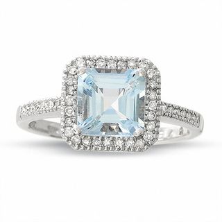 Square Aquamarine Ring in 14K White Gold with Diamond Accents | Zales