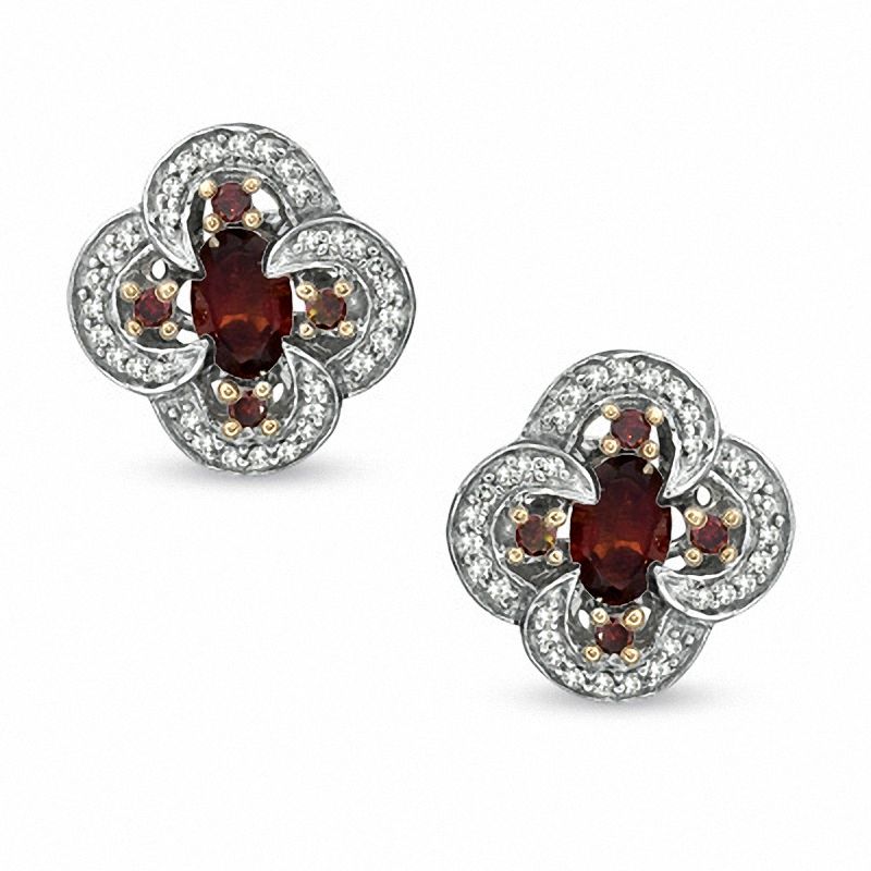 Zales Oval Garnet and 1 3 ct. T.W. Enhanced Red and White Diamond Earrings in Sterling Silver