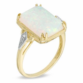 Rectangular Lab-Created Opal and Diamond Accent Ring in 10K Gold | Zales