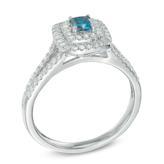 5/8 CT. T.W. Enhanced Blue and White Diamond Double Frame Engagement ...