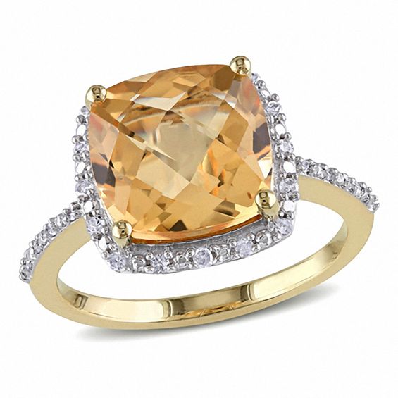 10.0mm Cushion Cut Citrine and 1 10 CT. T.W. Diamond Frame Ring in 10K Gold Zales