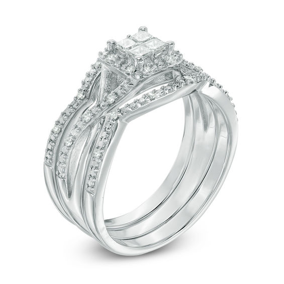 Zales 1 3 CT. T.w. Quad Princess Cut Diamond Twist Shank Three Piece Bridal Set in Sterling Silver Liberty Center