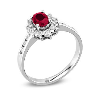 Oval Ruby and 1/4 CT. T.W. Diamond Sunburst Frame Ring in 14K White ...