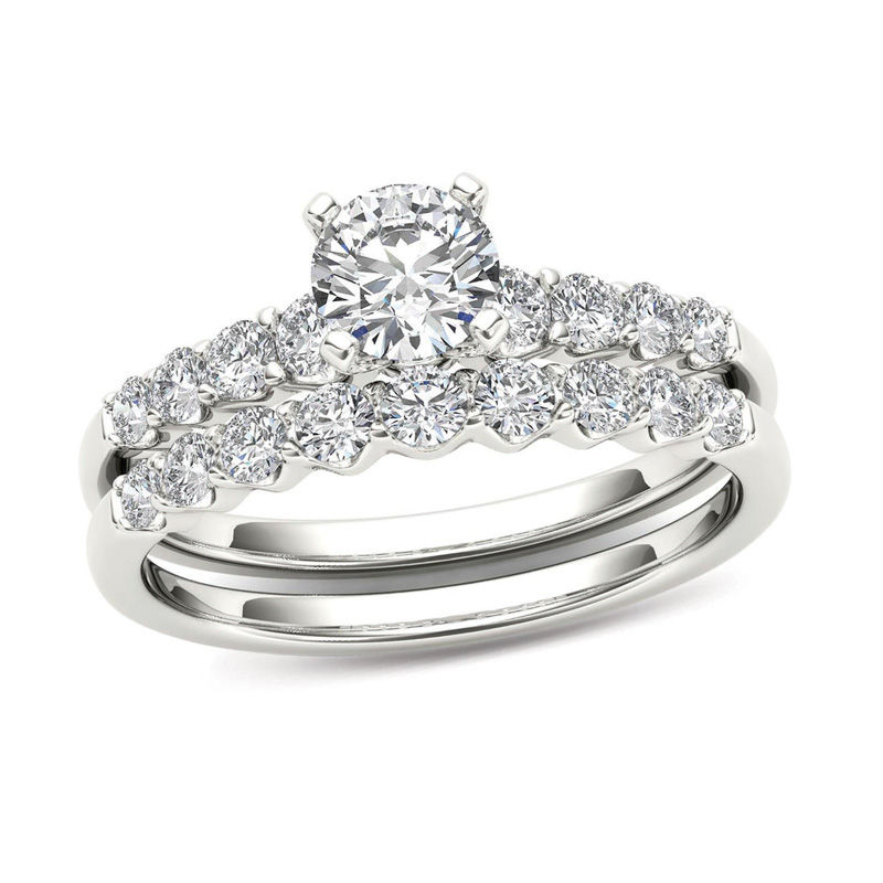 Zales 1 ct. T.W. Diamond Scallop Shank Bridal Set in 14K White Gold