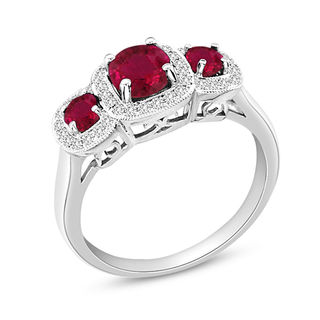 Ruby and 1/5 CT. T.W. Diamond Vintage-Style Three Stone Engagement Ring ...