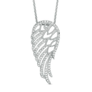 Lab-Created White Sapphire and Beaded Angel Wing Pendant in Sterling ...