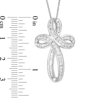 3/4 CT. T.W. Baguette and Round Diamond Loop Cross Pendant in 10K White ...