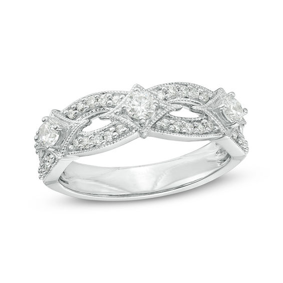 1/2 CT. T.W. Diamond Three Stone Contour Vintage-Style Anniversary Band ...