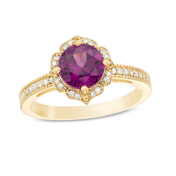 7.0mm Grape Garnet and 0.157 CT. T.W. Diamond Ornate Vintage-Style Ring ...