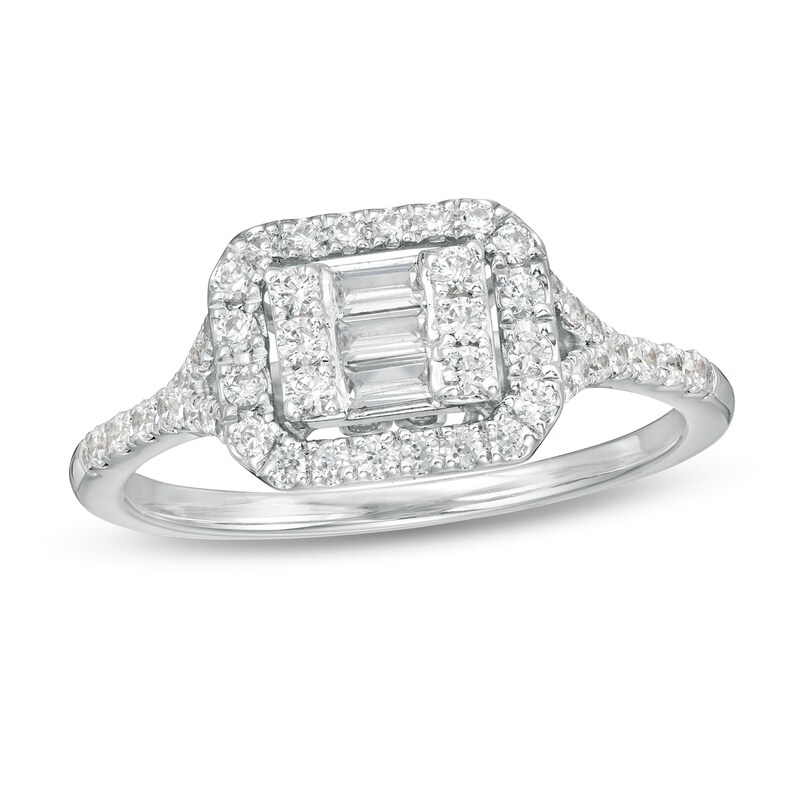 1/2 CT. T.W. Baguette and Round Diamond Sideways Rectangle Ring in 10K ...