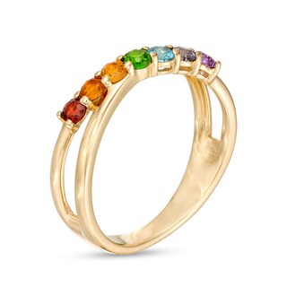 Multi-Gemstone Slant Seven Stone Rainbow Split Shank Ring in 10K Gold ...