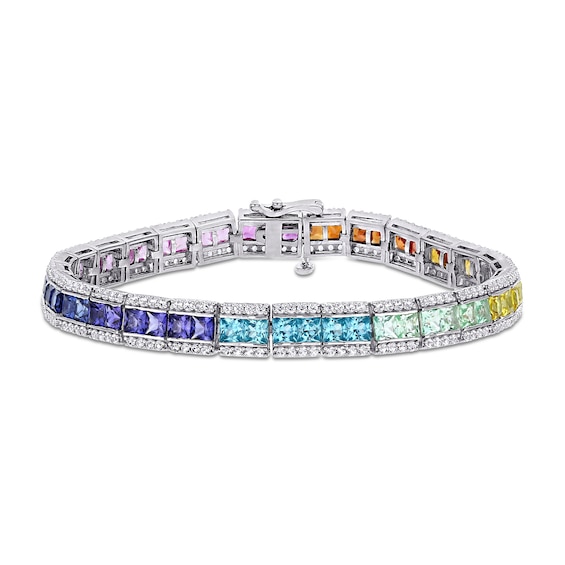 3 0mm Princess Cut Multi Color Lab Created Sapphire Rainbow Triple Row