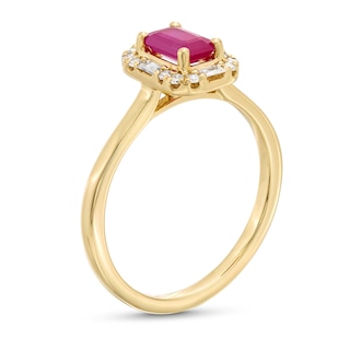 Emerald-Cut Ruby and 1/8 CT. T.W. Diamond Frame Ring in 10K Gold | Zales
