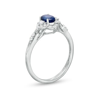 Oval Blue Sapphire and 1/4 CT. T.W. Diamond Frame Ring in 10K White ...