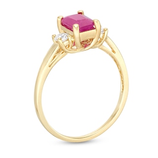 Emerald-Cut Ruby and 1/5 CT. T.W. Diamond Three Stone Ring in 14K Gold ...