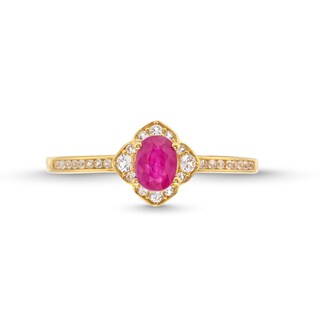 Oval Certified Ruby and 1/6 CT. T.W. Diamond Flower Frame Ring in 10K ...