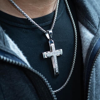 Men's 1 CT. T.W. Diamond Cross Pendant in Stainless Steel - 24" | Zales